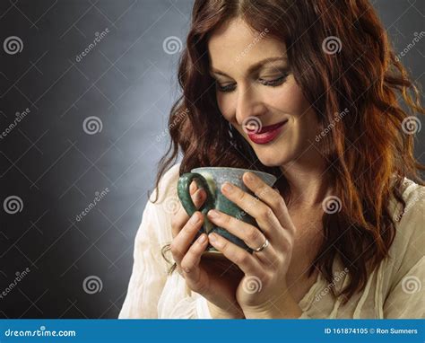 Beautiful Happy Redhead Woman Drinking Coffee Stock Image Image Of