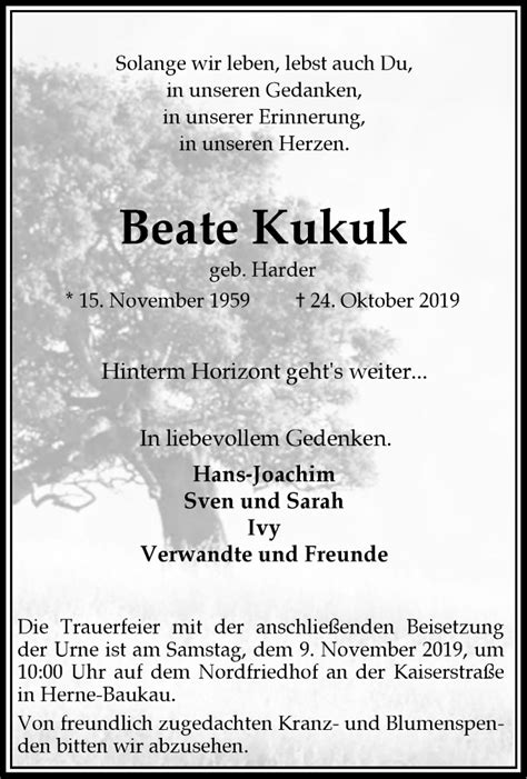 Traueranzeigen Von Beate Kukuk Trauer In Nrw De