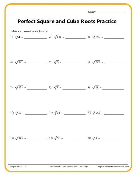 Square Roots Cube 4th 5th And 6th Roots K12 Math Worksheets