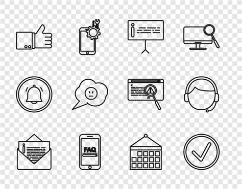 Set Line Envelope Check Mark In Circle Information Mobile With Faq Information Hand Thumb Up