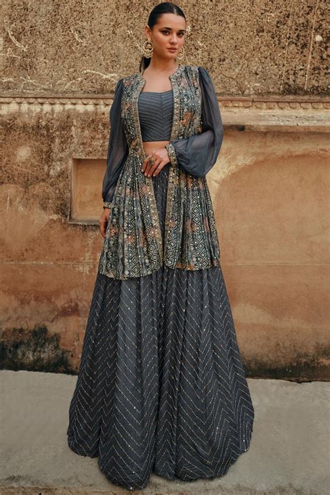 Buy Grey Chinon Silk Embroidered Indo Western Top And Skirt With Jacket