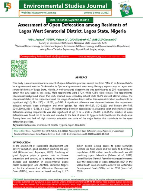 Assessment Of Open Defecation Among Residents Of Lagos West Senatorial District Lagos State