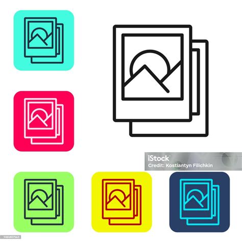 흰색 배경에 격리 된 검은 줄 사진 프레임 아이콘 빈티지 빈 사진 프레임 색상 정사각형 단추로 아이콘을 설정합니다 벡터 단일 객체에 대한 스톡 벡터 아트 및 기타 이미지