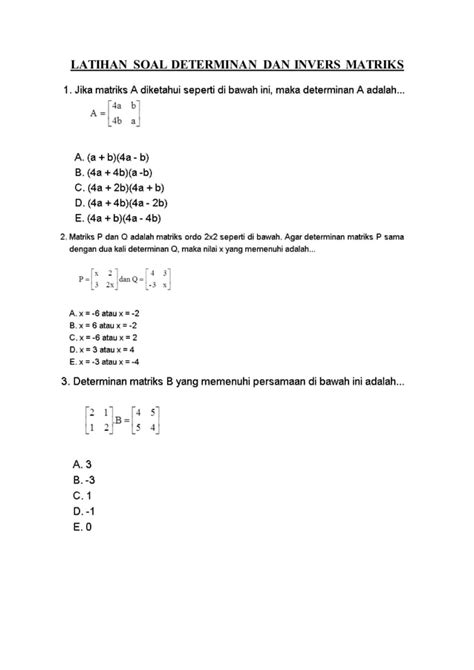 Latihan Soal Determinan Dan Invers Matriks Pdf