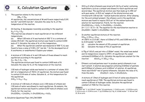 A Level Kc Calculation Questions With Answers Teaching Resources