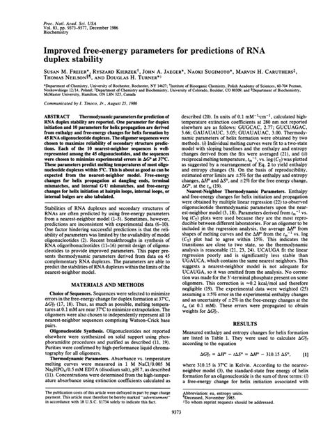 Pdf Improved Free Energy Parameters For Predictions Of Rna Duplex