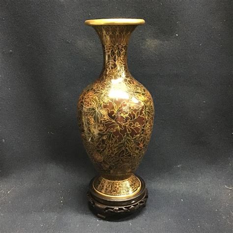 中国美術 景泰藍 象嵌 七宝工芸 七宝細工 細密彫刻 花瓶 花器 花入 高さ35cm 透彫花台付 金属工芸 古美術 七宝焼 琺瑯釉 絢爛豪華