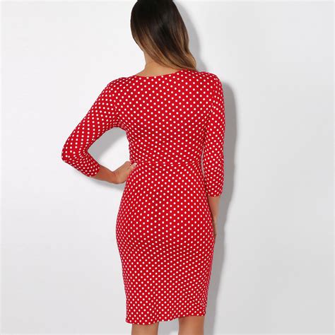 Womens Polka Dot Dress Pleated Skirt Wrap Front Midi V Neck Top Swing