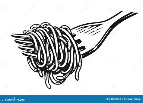 Spaghetti Pasta On Fork Italian Food Long Noodles Sketch Drawing