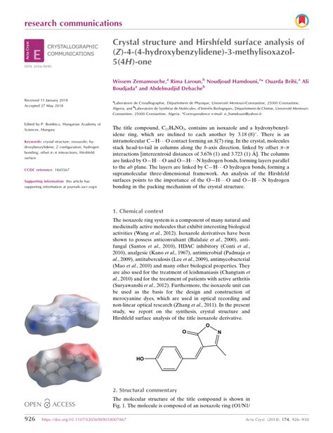PDF Crystal Structure And Hirshfeld Surface Analysis Of Z 4 4