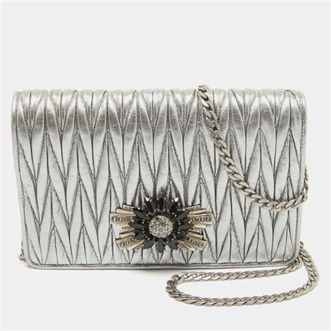 Miu Miu Metallic Grey Matelassé Leather Crystals Embellished Chain