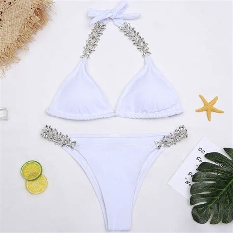 Maillot de bain deux pièces femme triangle bijoux blanc