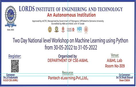 Two Day National Workshop On Ml Using Python Lords Institute Of Engineering And Technology