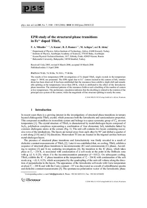 Pdf Epr Analysis Of Fe3 In Tlins2 Phase Transitions