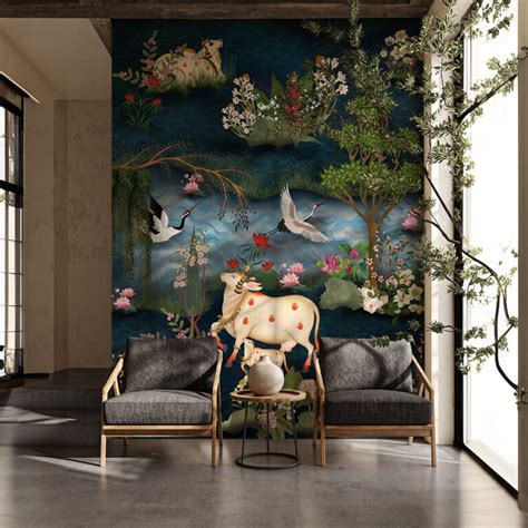 Kamdhenu Sacred Cow Pichwai Wallpaper Customized Magicdecor®
