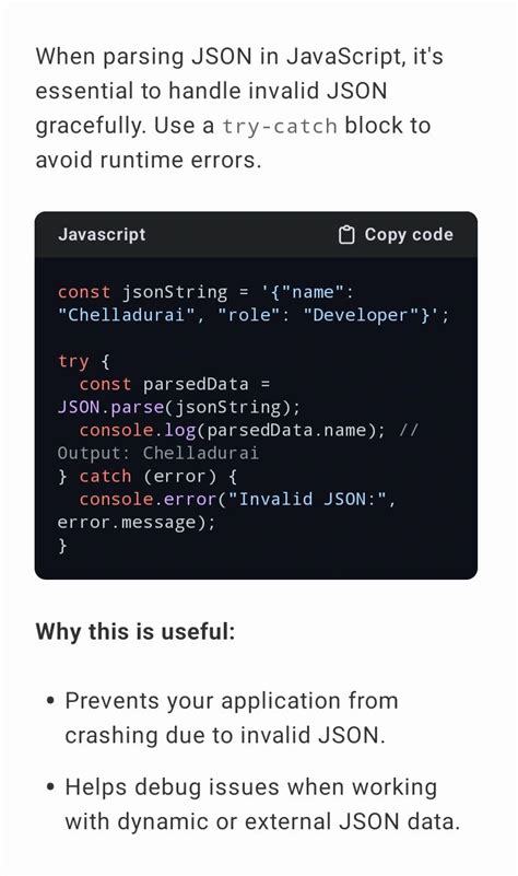Chelladurai S On Linkedin Javascript Tip Use Try Catch To Safely Parse Json