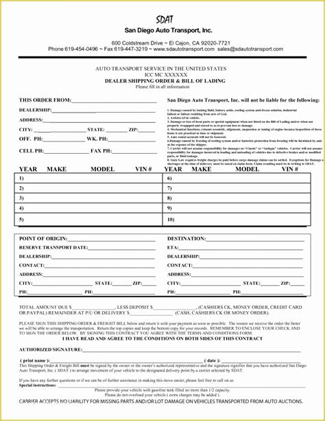 Auto Transport Bill Of Lading Template Free Of Auto Bill Of Lading Form