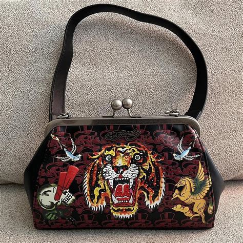 Ed Hardy Tiger Bedazzled Tiger Clutch Black And Red Depop