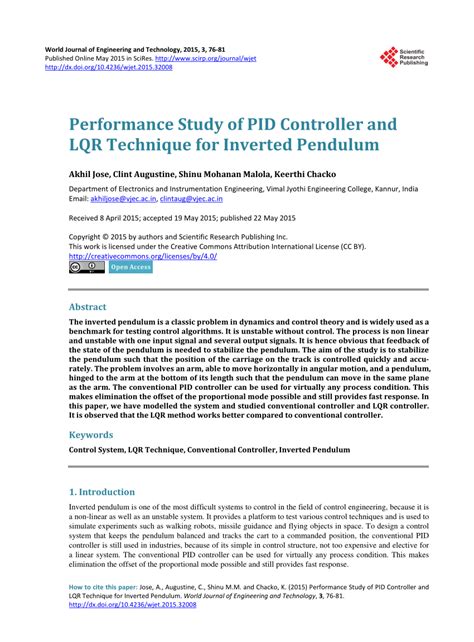 PDF Performance Study Of PID Controller And LQR Technique For Inverted Pendulum