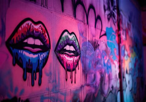 Colorful Graffiti Lips With Vibrant Drips On A Urban Wall Stock Image Image Of Modern Drips