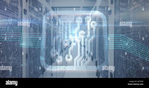 Digital Image Of Microprocessor Connections Against Empty Server Room
