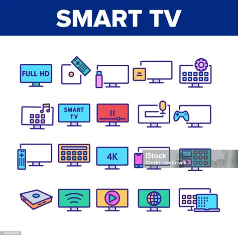 스마트 Tv 텔레비전 컬렉션 아이콘 세트 벡터 무선 기술에 대한 스톡 벡터 아트 및 기타 이미지 무선 기술 Hd 포맷