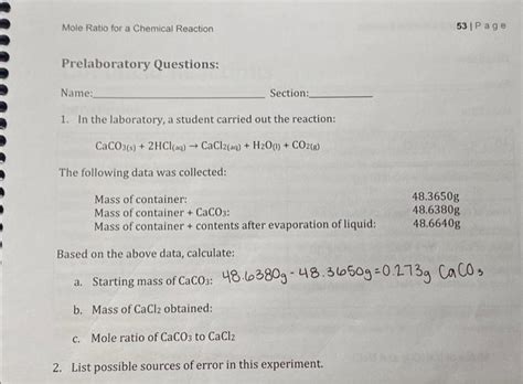Solved Mole Ratio For A Chemical Reaction Prelaboratory Chegg