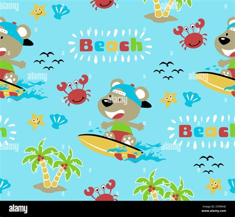 Vector Seamless Pattern Of Cartoon Bear In Surfing With Beach Elements