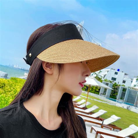 블랙 배색 밀짚 썬캡 선캡모자 밀짚모자 여행 바캉스 왕골모자 긴챙모자 자외선차단