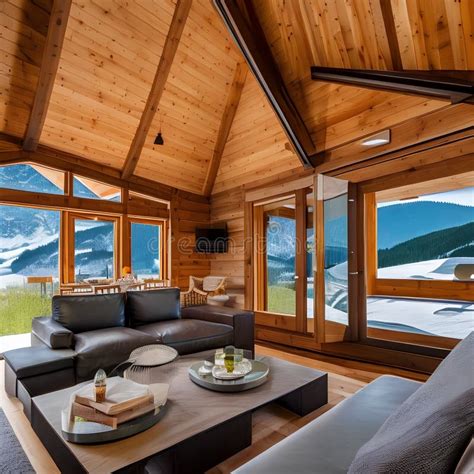 A Chalet With A Steeply Pitched Roof Exposed Rafters And A Hot Tub1