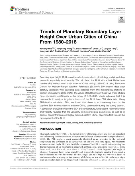 Pdf Trends Of Planetary Boundary Layer Height Over Urban Cities Of