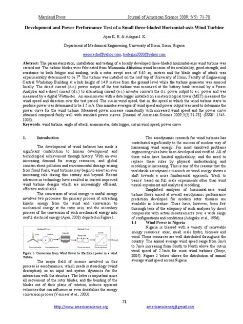 Development And Power Performance Test Of A Small Three Bladed Horizontal Axis Wind Turbine