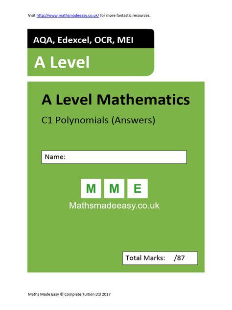 C1 A Level Maths Polynomial Answers Download Free Pdf Factorization