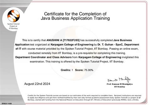 completed java application training and test anushini ananth posted