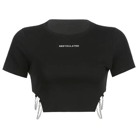 Side Chains Black Crop Top For Women Dark Rave See You Later