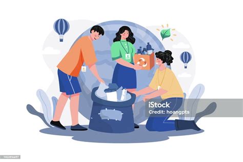 흰색 배경에 쓰레기 그림 개념을 청소하는 에코 자원 봉사자 World Environment Day에 대한 스톡 벡터 아트 및