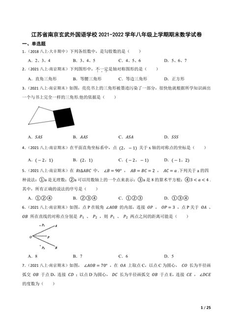 江苏省南京玄武外国语学校2021 2022学年八年级上学期期末数学试卷 21世纪教育网