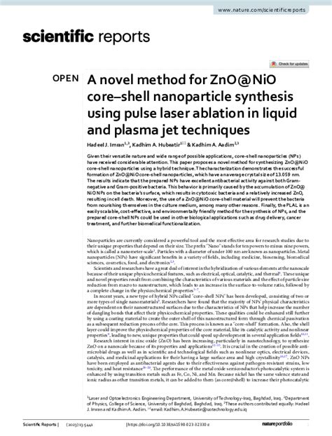 Pdf A Novel Method For Zno Nio Core Shell Nanoparticle Synthesis Using Pulse Laser Ablation In