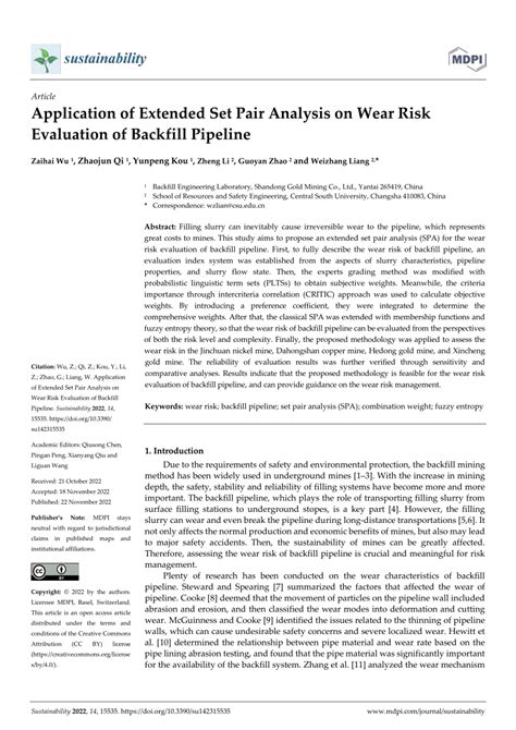 Pdf Application Of Extended Set Pair Analysis On Wear Risk Evaluation Of Backfill Pipeline