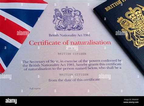 Uk Flag And Passport Top Of Authentic Citizenship Certificate