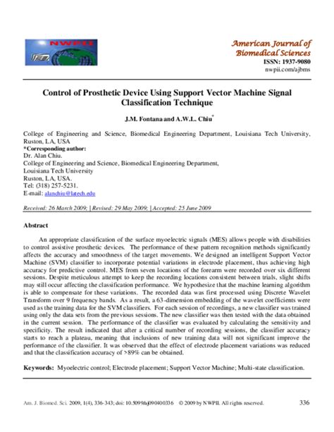 pdf control of prosthetic device using support vector machine signal classification technique