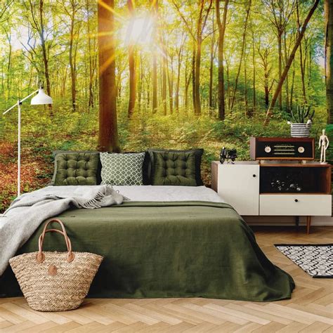 Morning Forest Wall Mural Green Sunny Trees Wallpaper Mural