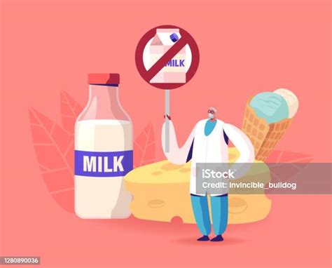 교차 우유 패키지와 제한 배너를 들고 수석 남성 의사 유당 편협 유제품 알레르기 편견에 대한 스톡 벡터 아트 및 기타 이미지