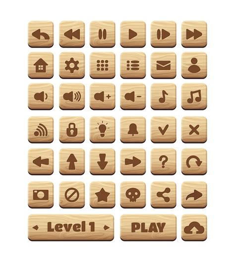 Premium Vector Wooden Buttons Game UI Asset Icons Vector Illustration