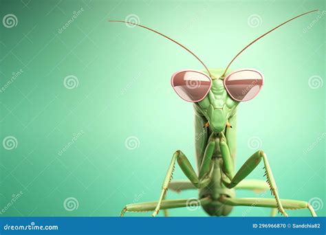 Praying Mantis Insect In Sunglass Shade Glasses Isolated On Solid
