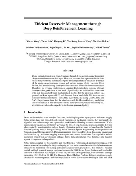 Pdf Efficient Reservoir Management Through Deep Reinforcement Learning
