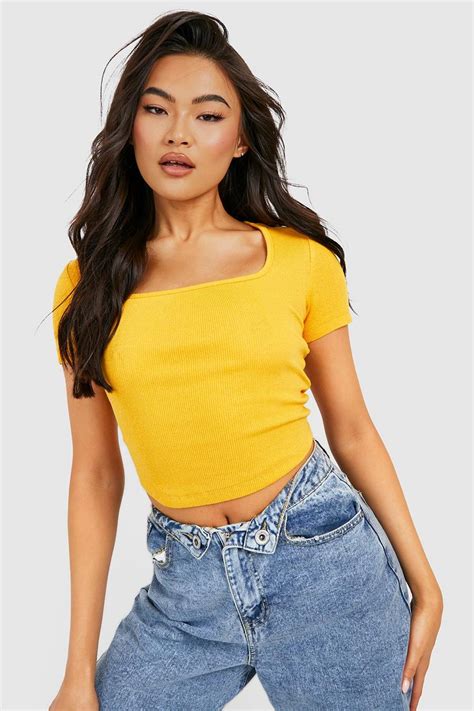 Mustard Square Neck Rib Corset Top Boohoo Uk