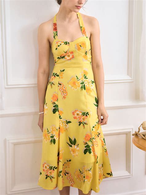Liberty Chiffon Print Halter Neck Dress Simple Retro
