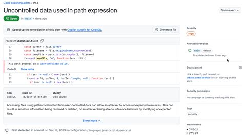 코드 검사 경고 정보 github docs