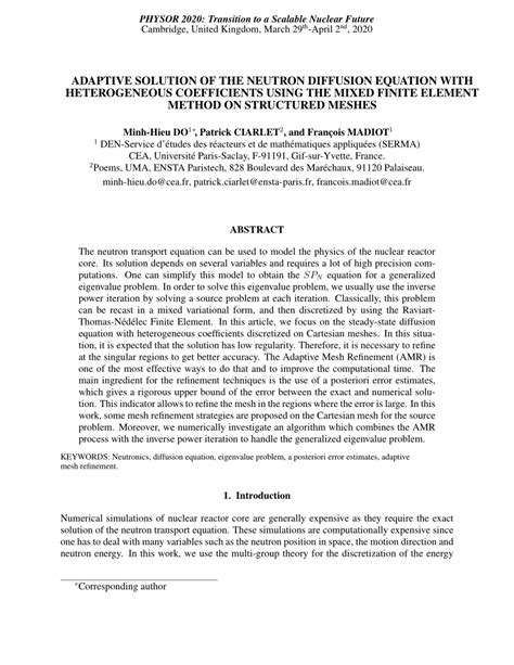 Pdf Adaptive Solution Of The Neutron Diffusion Equation With Heterogeneous Coefficients Using